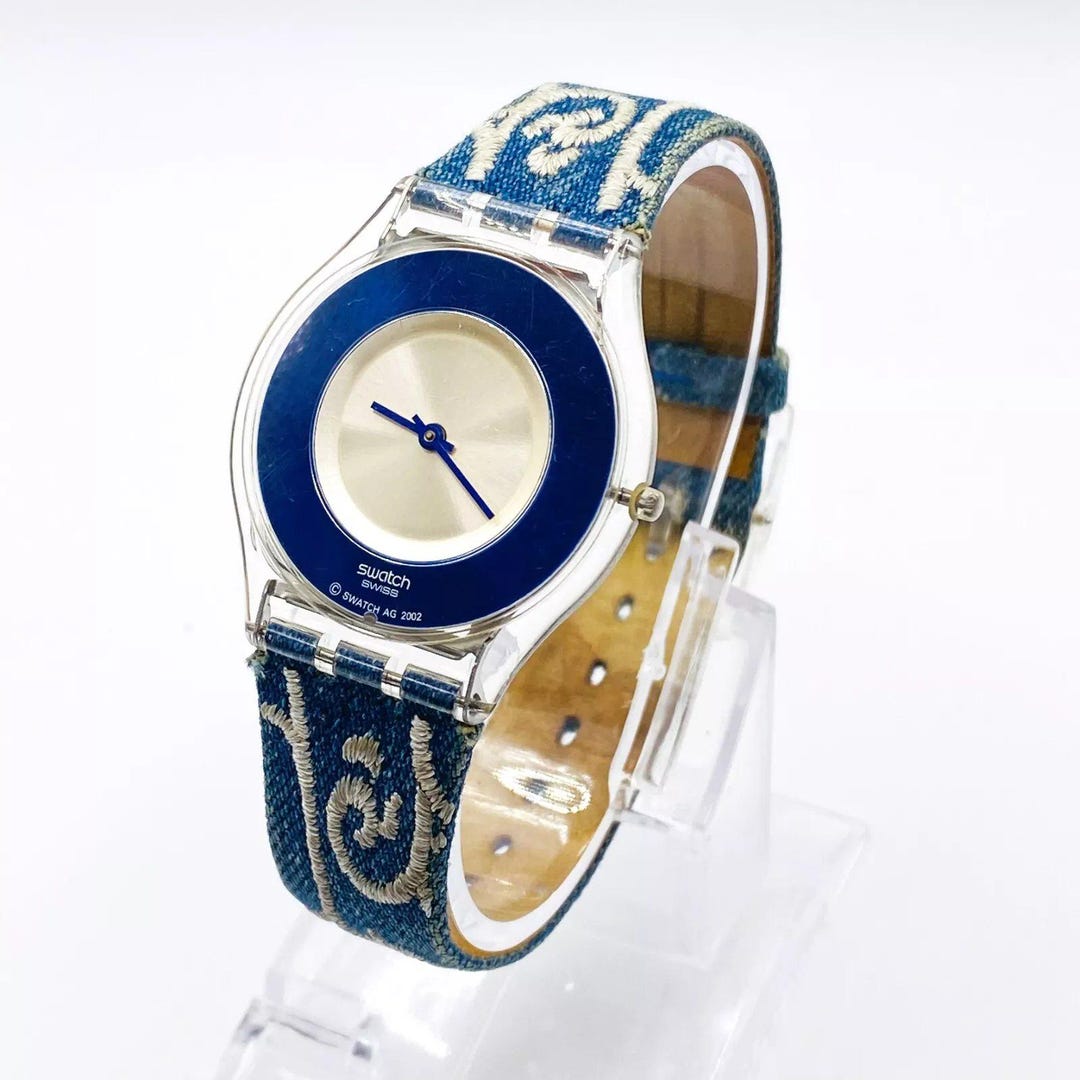 Vintage SWATCH Ultra Thin Floral Blue Denim Wrist Watch Quartz Skin Y2K ...
