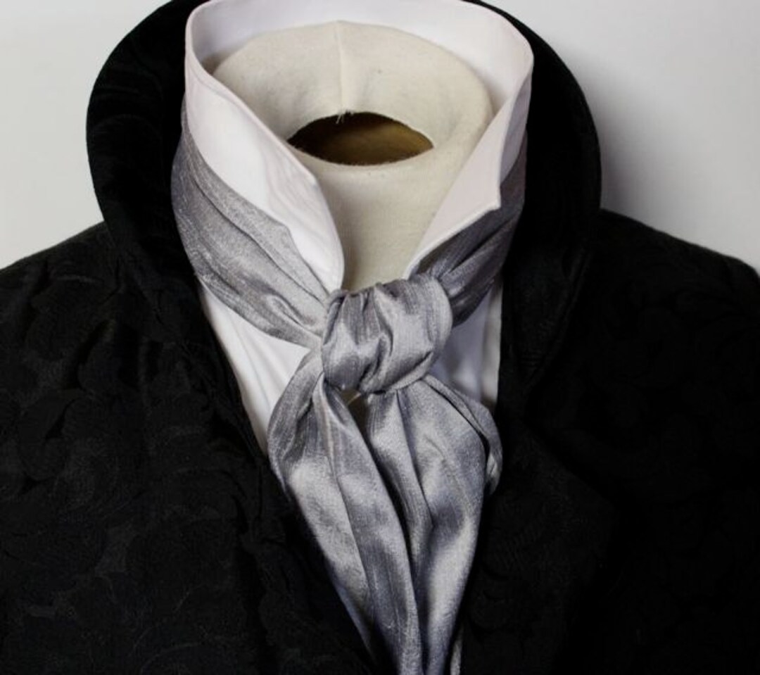 Regency Platinum Silver Dupioni Silk Brummel Victorian Ascot Tie Cravat