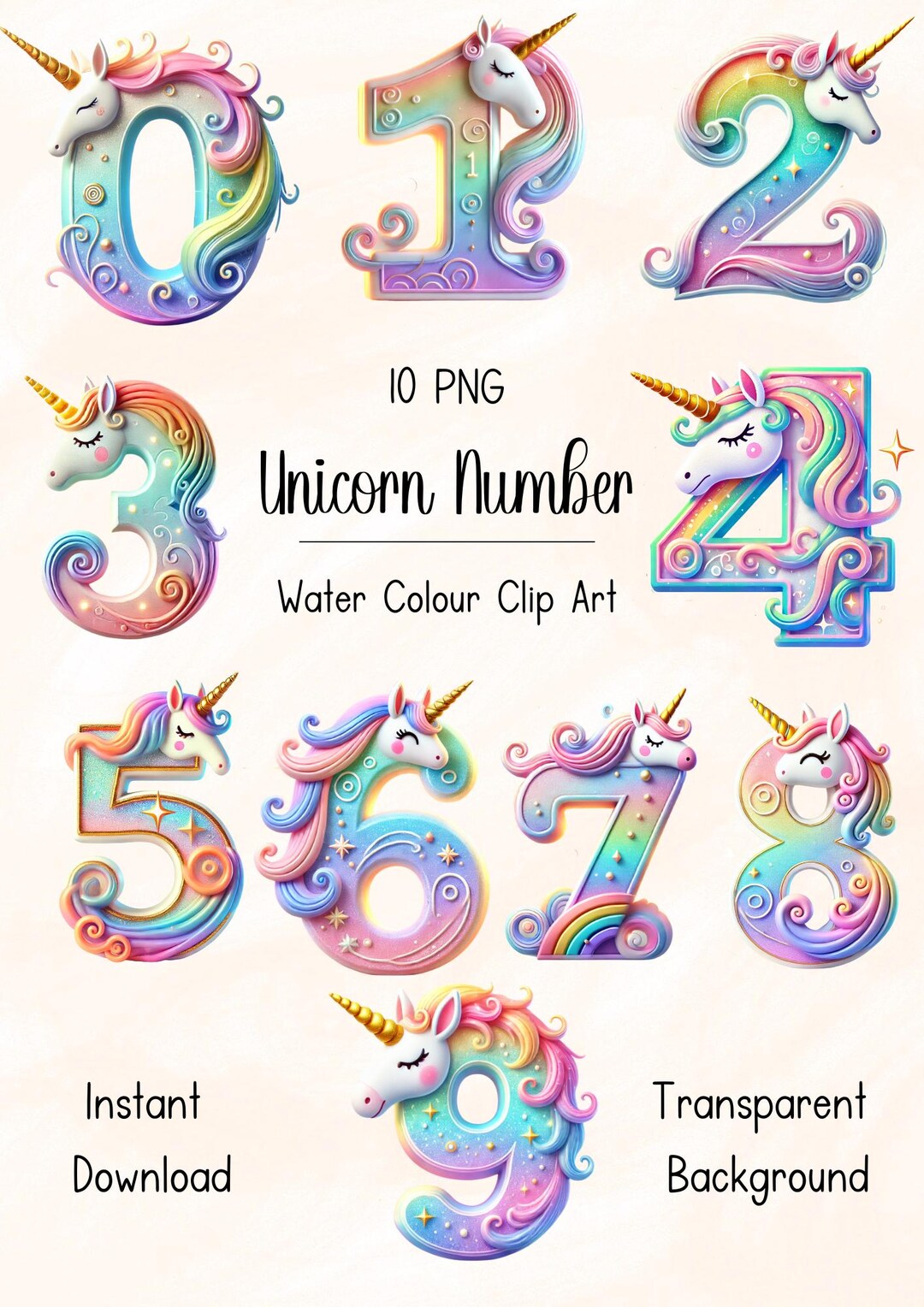 Unicorn Number Clipart – Glitter Pastel Birthday PNG (digital Download ...