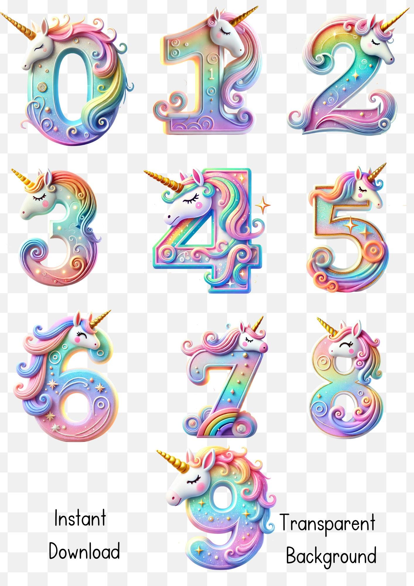 Unicorn Number Clipart – Glitter Pastel Birthday PNG (digital Download ...