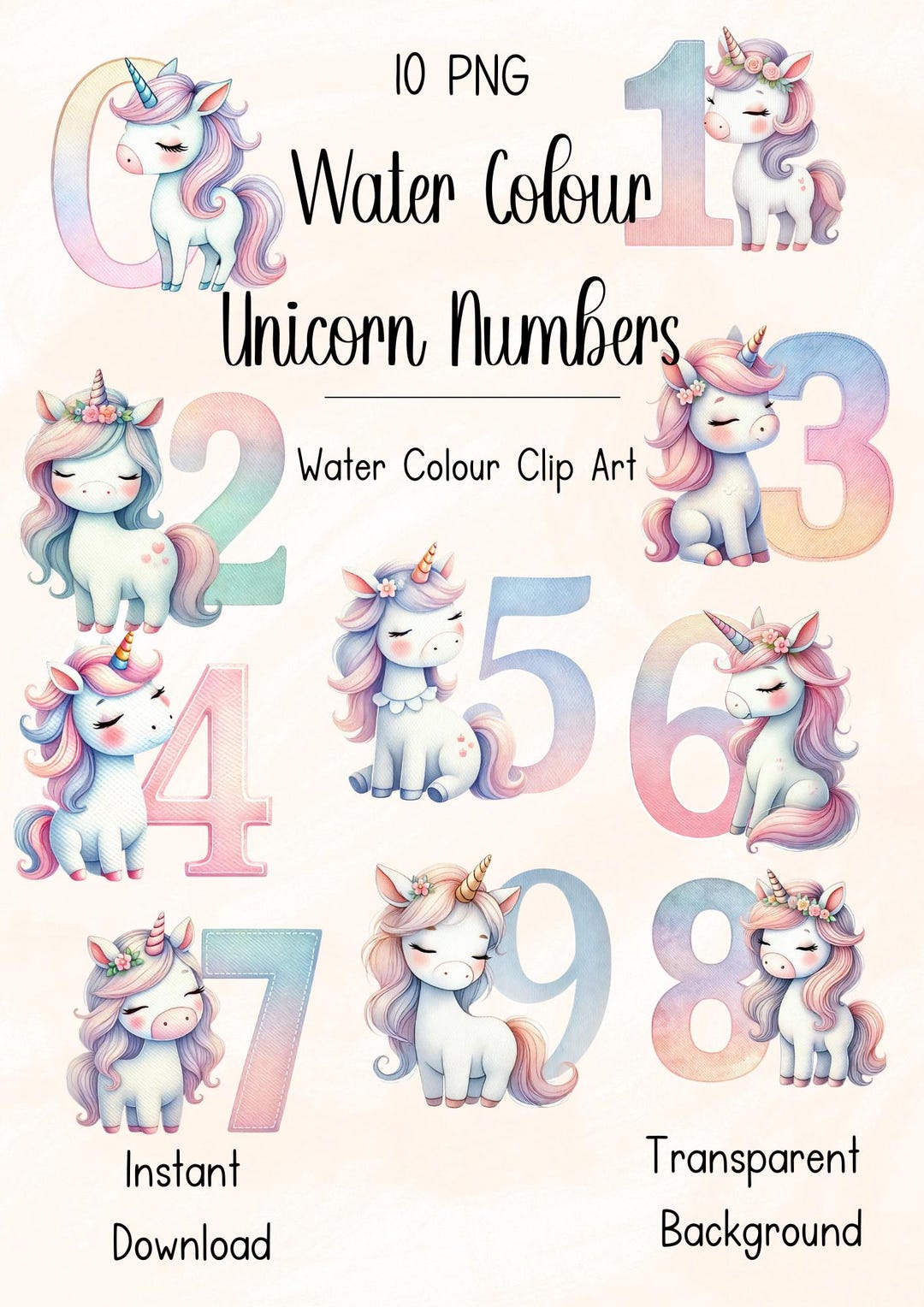 Watercolor Unicorn Numbers Clipart | Hand-painted Style (digital ...