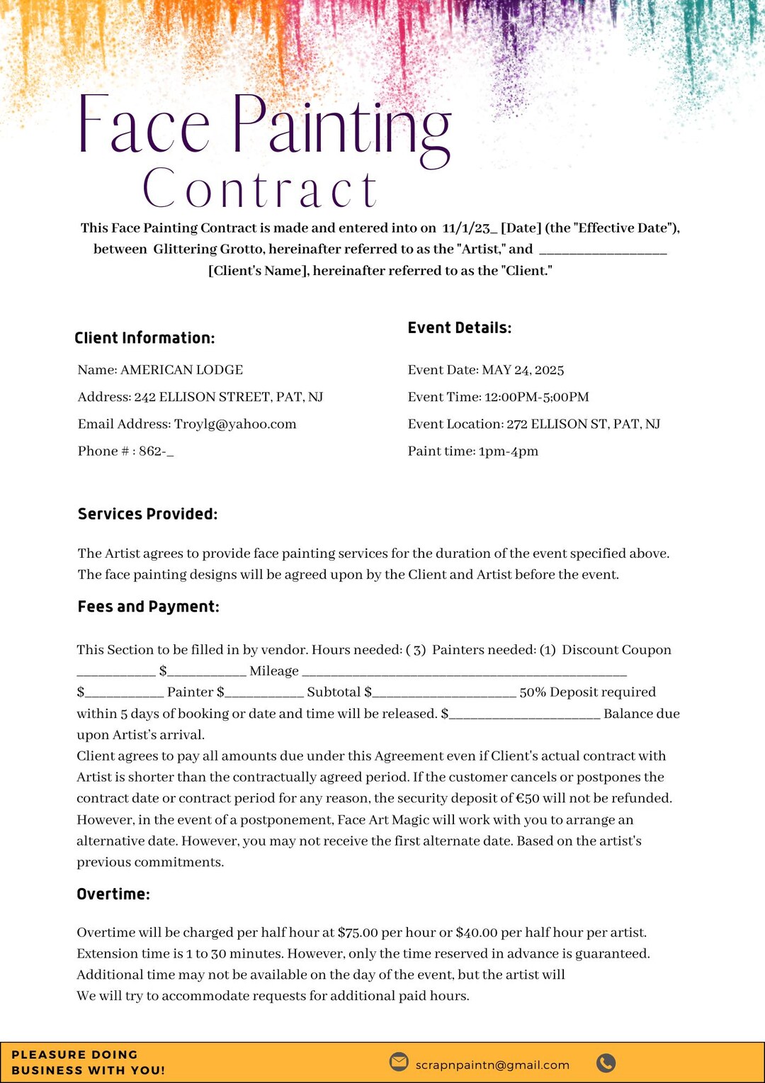 Face Painting Contract,digital Files,instant Download,pdf - Etsy