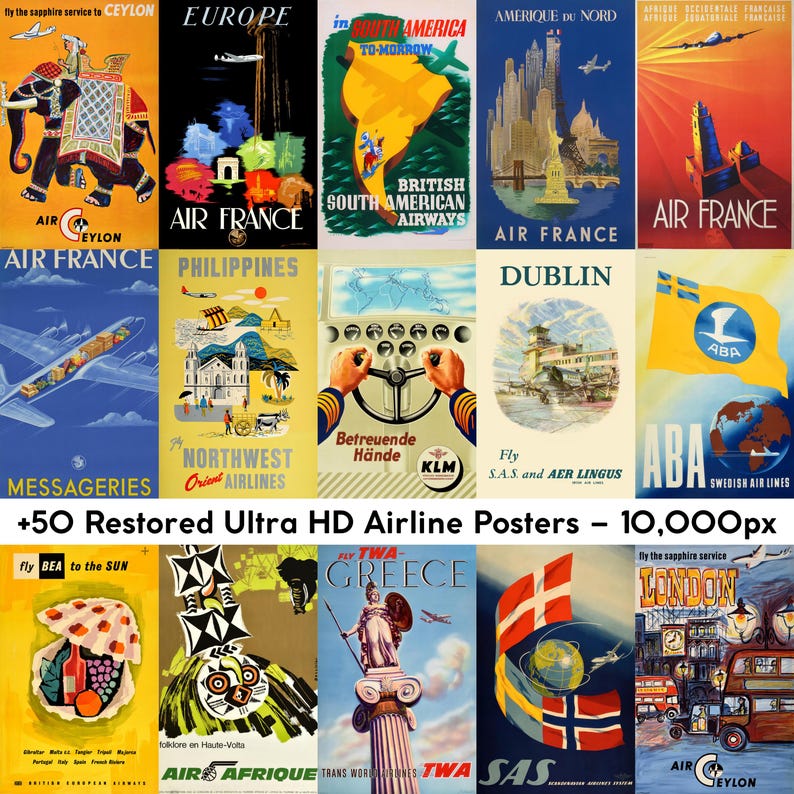 50 High-res Restored Airline Vintage Posters Package – Travel, Airline ...