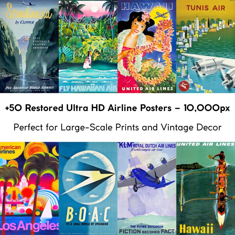 50 High-res Restored Airline Vintage Posters Package – Travel, Airline ...