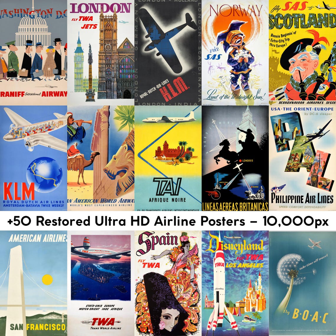 50 High-res Restored Airline Vintage Posters Package – Travel, Airline ...