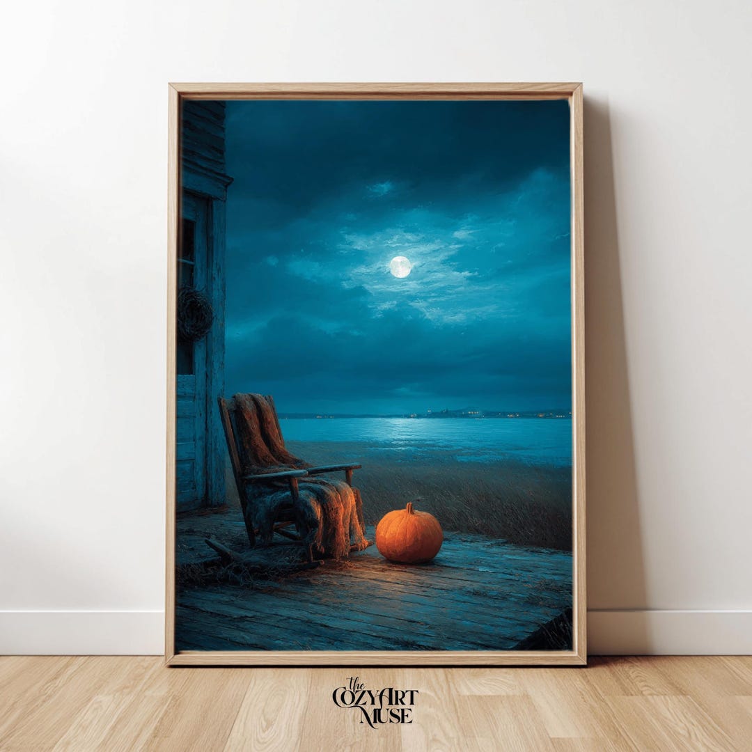 Spooky Coastal Grandma Fall Porch Print | Moody Coastal Art Pumpkin ...
