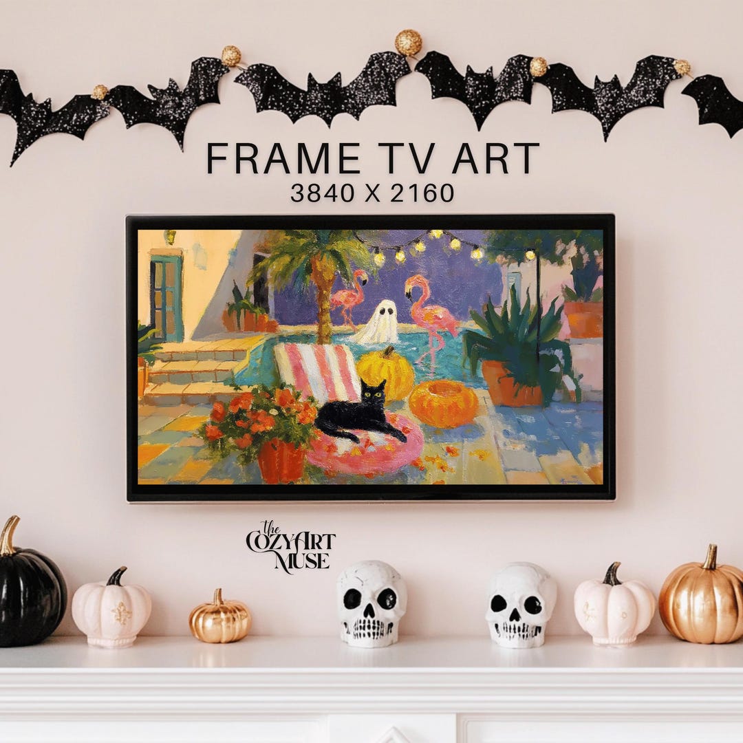 Ghost Flamingo Black Cat Halloween Pool Party Painting | Samsung Frame ...