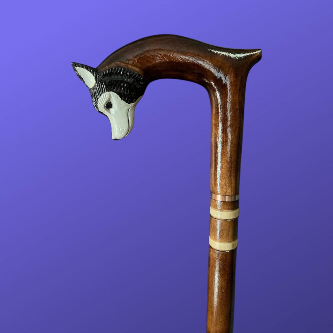 Wolf Cane Wooden Walking Stick Ergonomic Palm Grip Handle Wood Carved ...