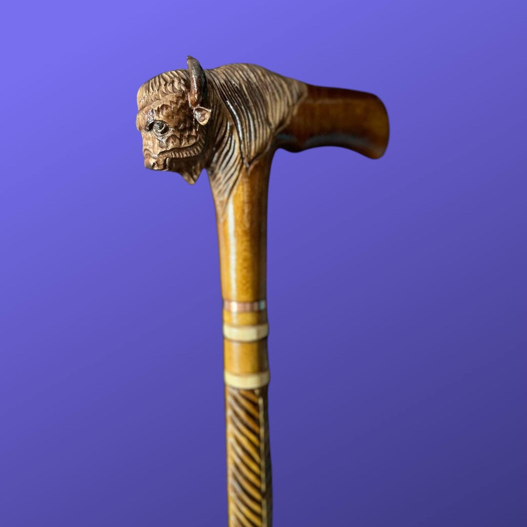 Bison Walking Cane Hand Carved Wooden Stick Buffalo Walking Stick Cane ...