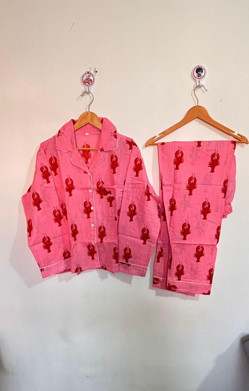 New Pink Handmade Cotton Pajama Set: Block Print Boho Loungewear With ...