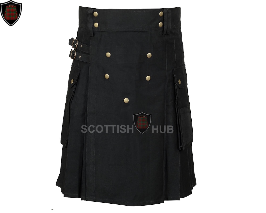 Black Utility Kilt for Men – Handmade Cotton Work Kilt With Pockets – Scottish Tactical Cargo ...