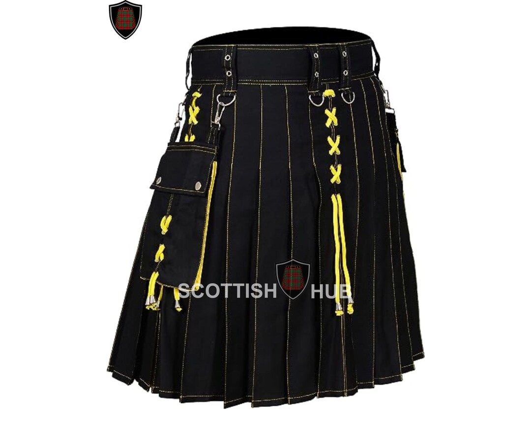 Men's Hybrid Kilt | Black & Yellow Hybrid Utility Kilt | Modern Design ...