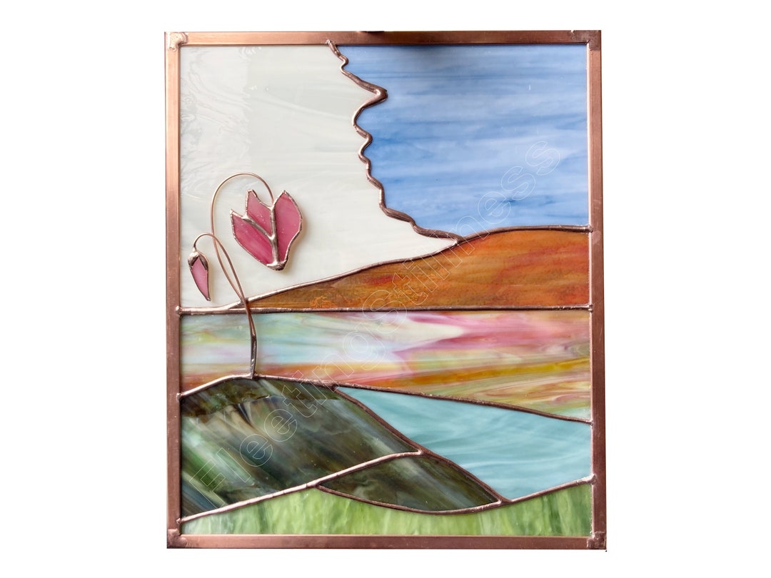 Stained Glass Panel Window Hanging Colorful Landscape With Cyclamen ...