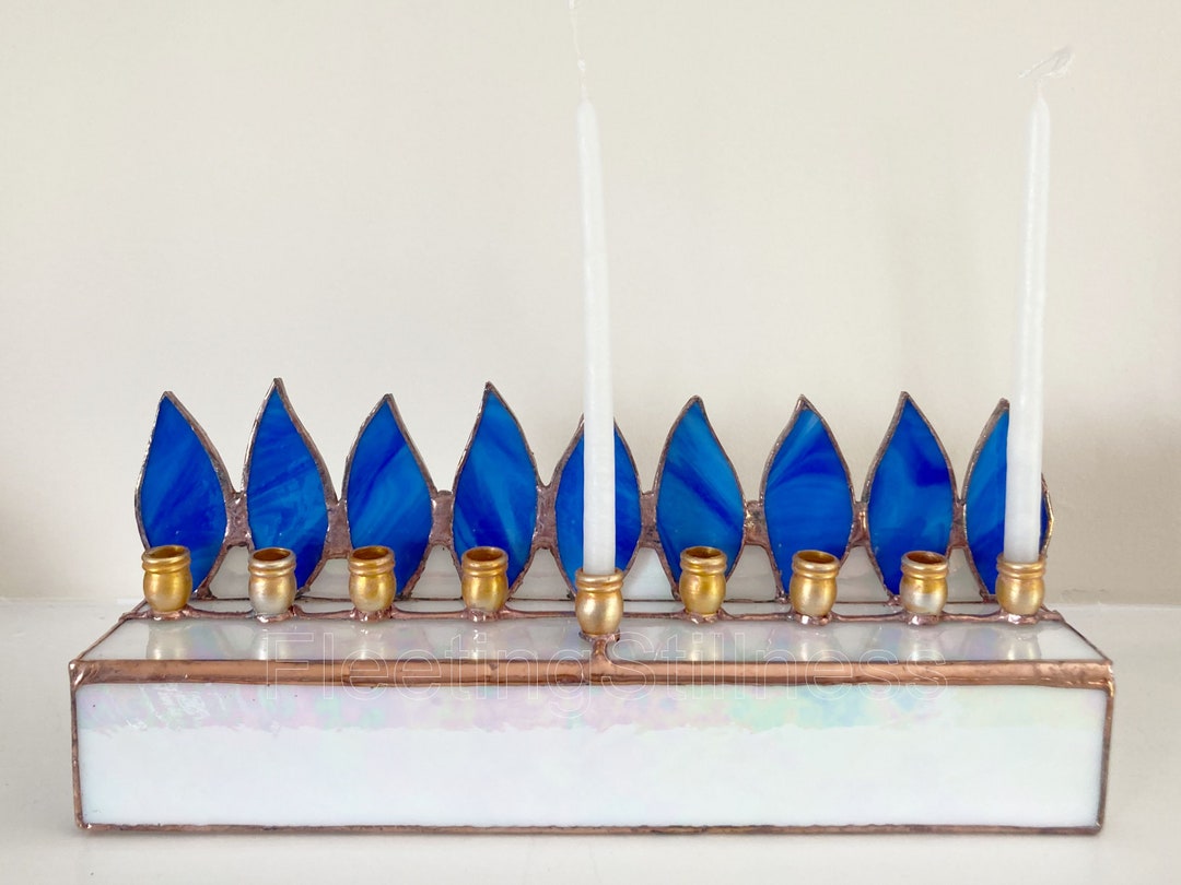 Blue Flames Menorah Stained Glass Menorah Blue Judaica Hanukkah Candle ...