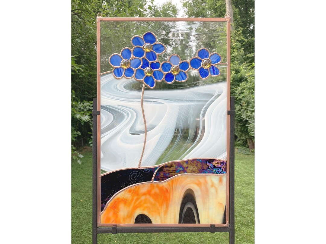 Stained Glass Panel Forget-me-nots Flowers Blue Window Hanging - Etsy