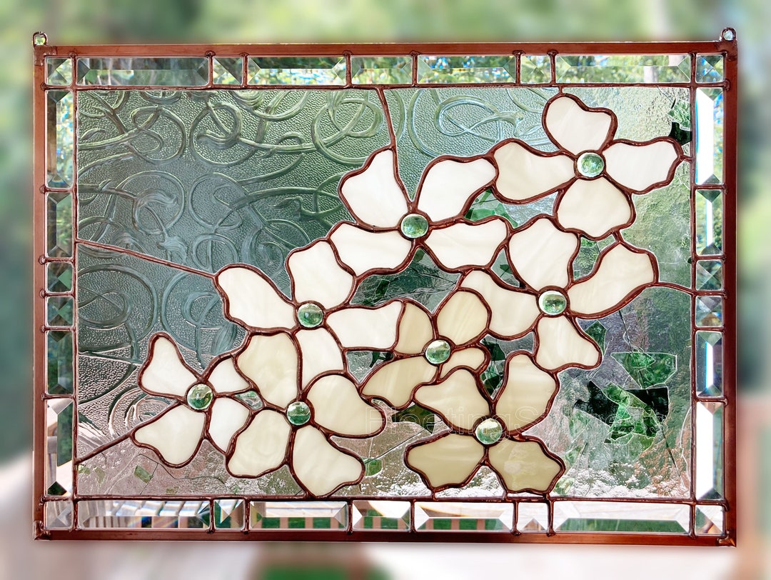 Dogwood Flowers Stained Glass Panel White Green Spring Handmade - Etsy