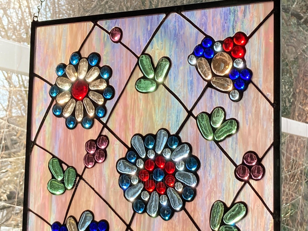 Flowers Stained Glass Window Panel, Large Window Hanging - Etsy