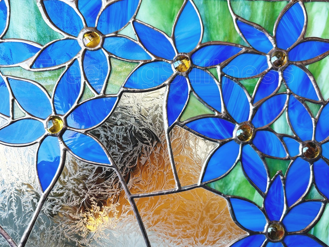 Clematis Stained Glass Window Panel Blue Flowers MADE TO ORDER - Etsy