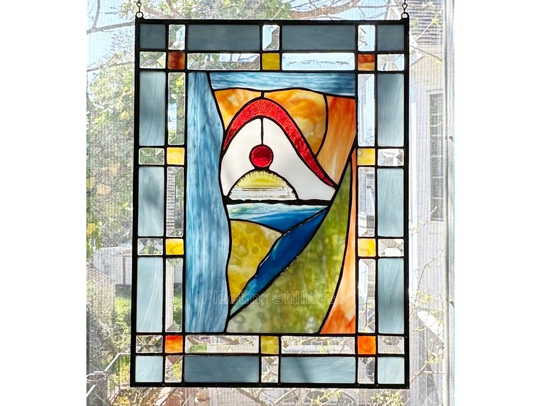 Abstract Mid Century Modern Stained Glass Panel Colorful Gift - Etsy
