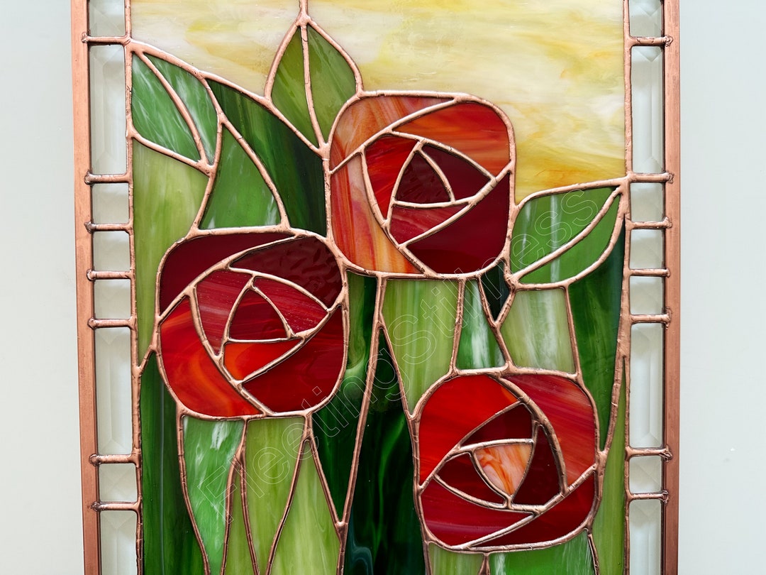 Red Roses Stained Glass Window Panel Flowers - Etsy
