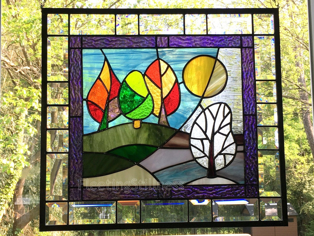 Change of Seasons Large Stained Glass Window Panel Art - Fall Turning ...
