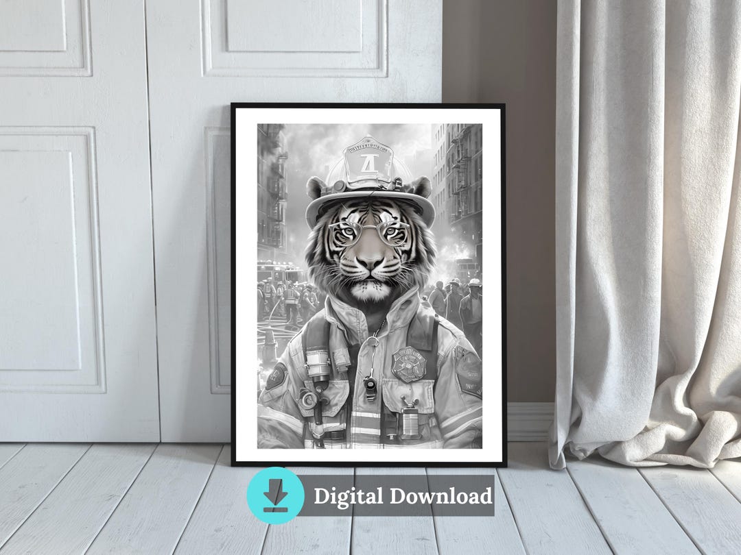 Firefighter Tiger Wall Art | Heroic Animal Print | City Fire Scene ...