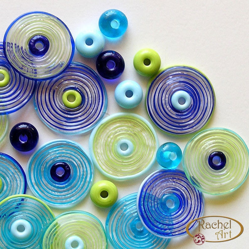 Lampwork Glass Disc Beads, FREE SHIPPING, Handmade Spiral Pea Green ...