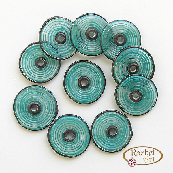 Lampwork Glass Disc Beads, FREE SHIPPING, Handmade Spiral Glass Teal ...