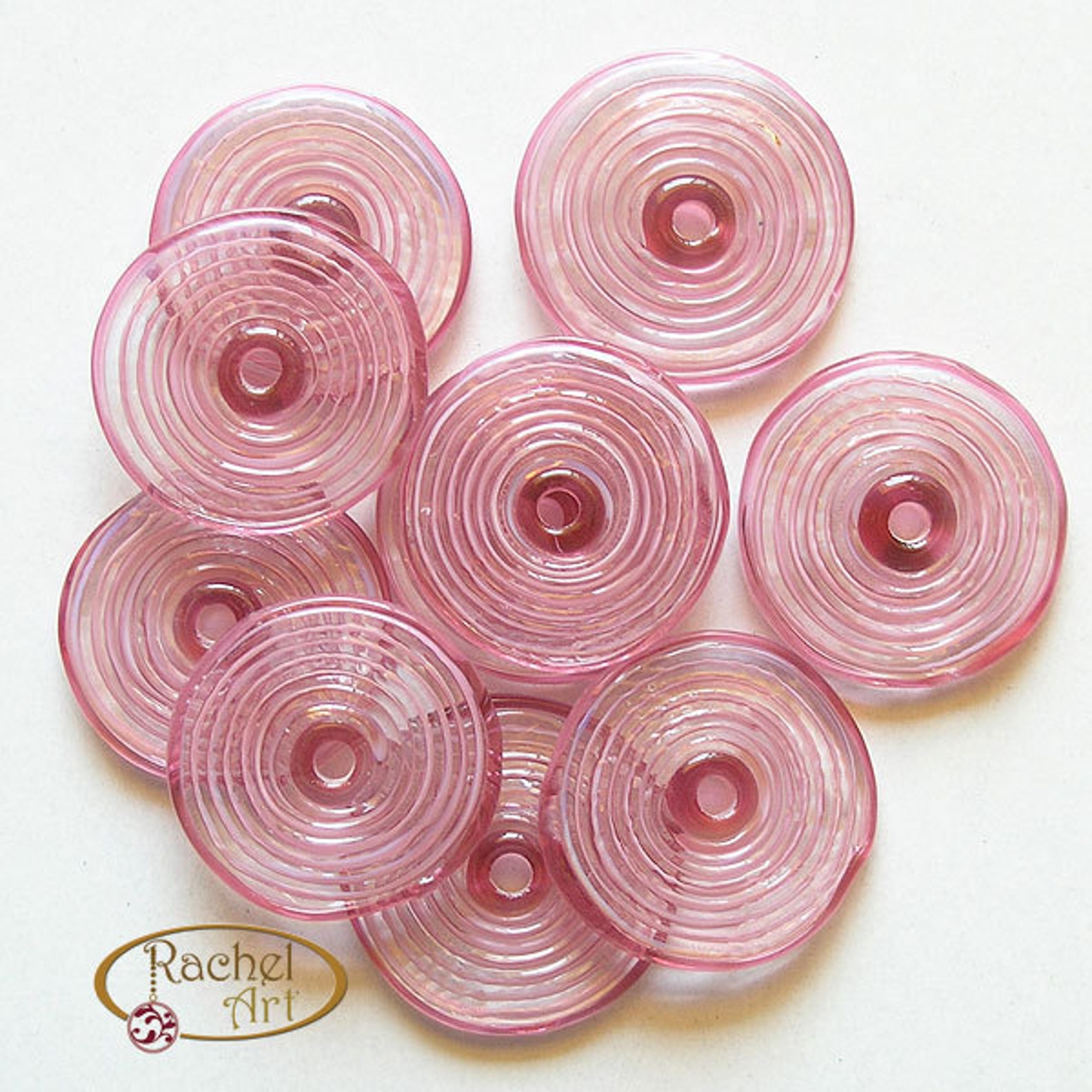 Pink Lampwork Glass Disc Beads, FREE SHIPPING, Handmade Lampwork Spiral ...