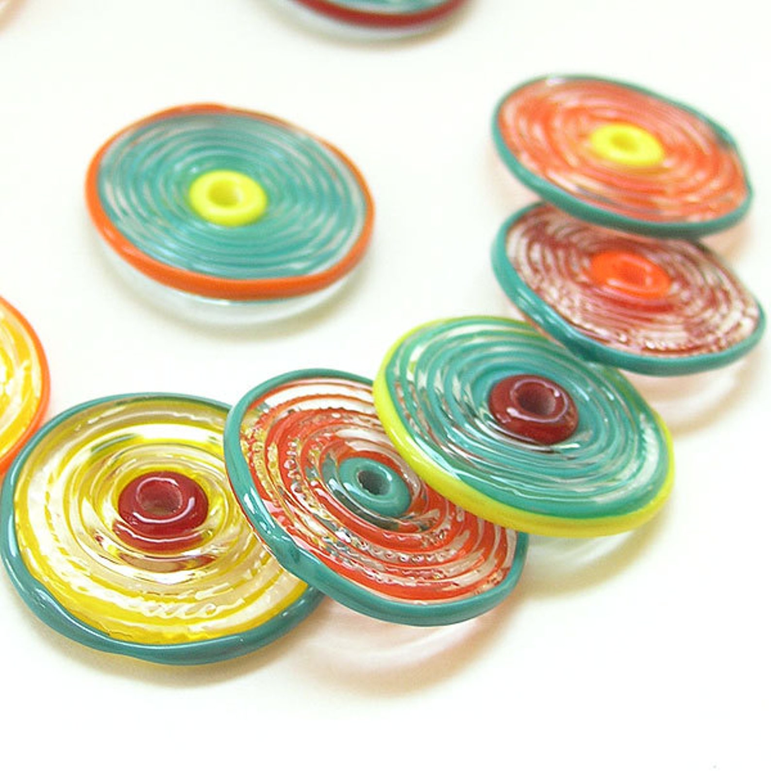Lampwork Glass Disc Beads, FREE SHIPPING, Handmade Yellow, Teal, Red ...