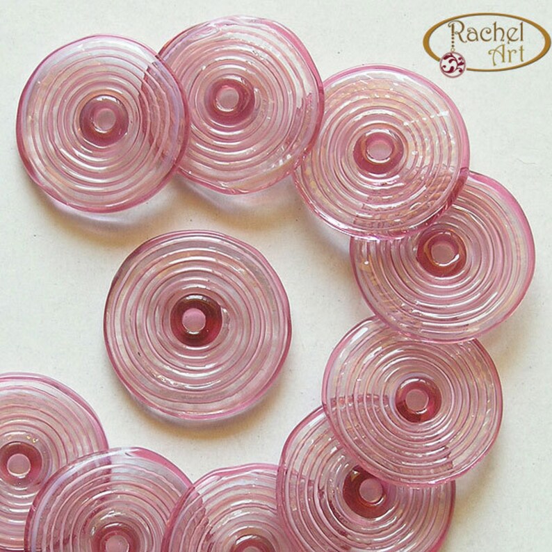 Pink Lampwork Glass Disc Beads, FREE SHIPPING, Handmade Lampwork Spiral ...
