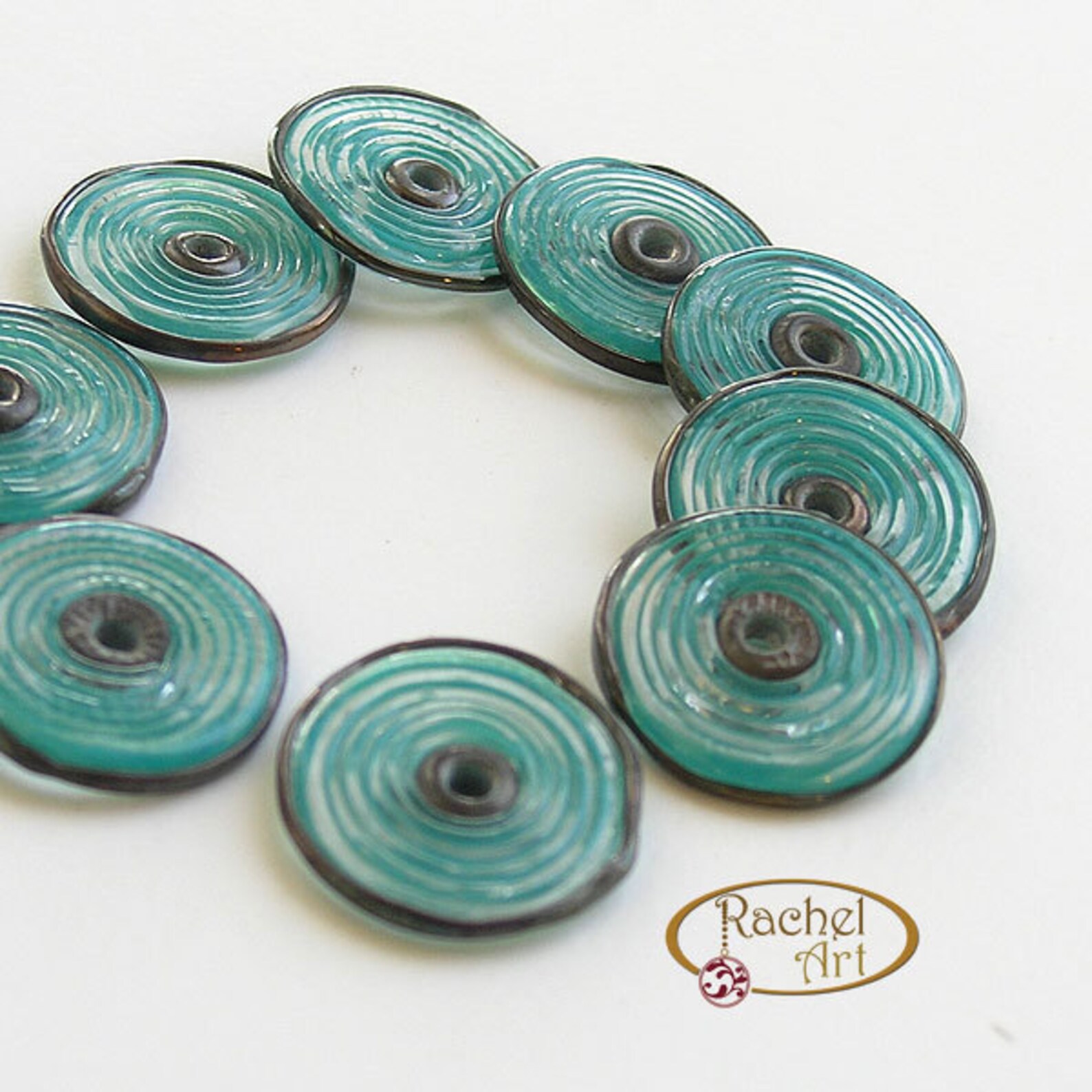 Lampwork Glass Disc Beads, FREE SHIPPING, Handmade Spiral Glass Teal ...
