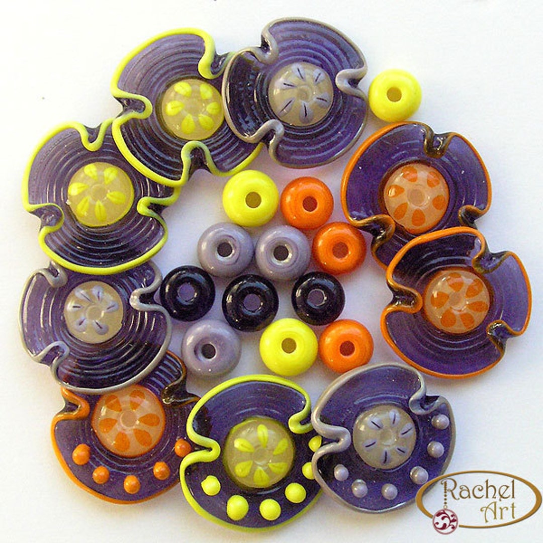 Lampwork Flower Glass Beads in Violet, Yellow and Orange, FREE SHIPPING ...