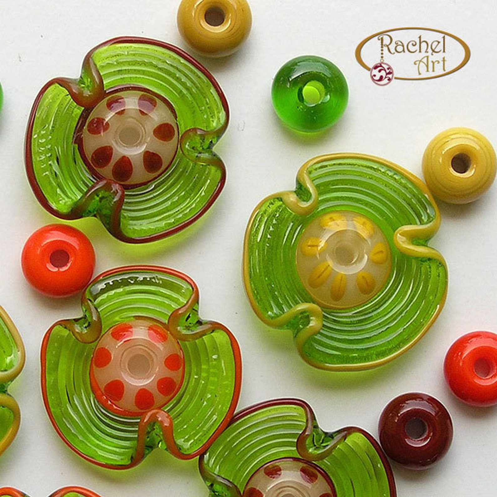Lampwork Flower Glass Beads, FREE SHIPPING, Handmade Grass Green Glass ...