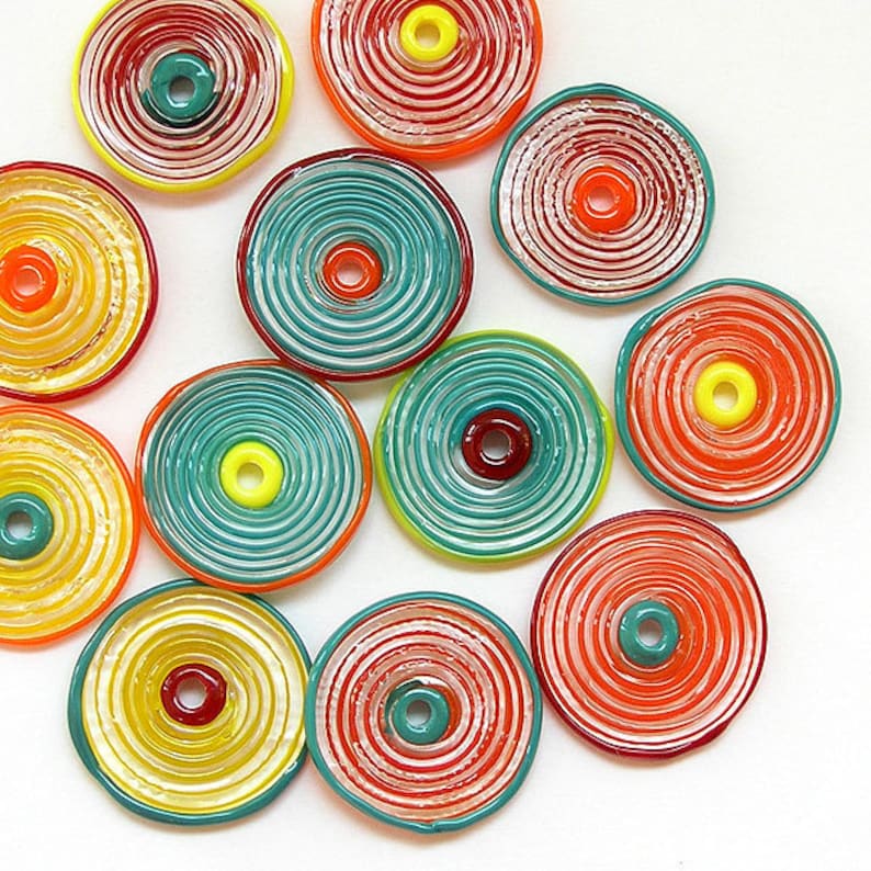 Lampwork Glass Disc Beads, FREE SHIPPING, Handmade Yellow, Teal, Red ...