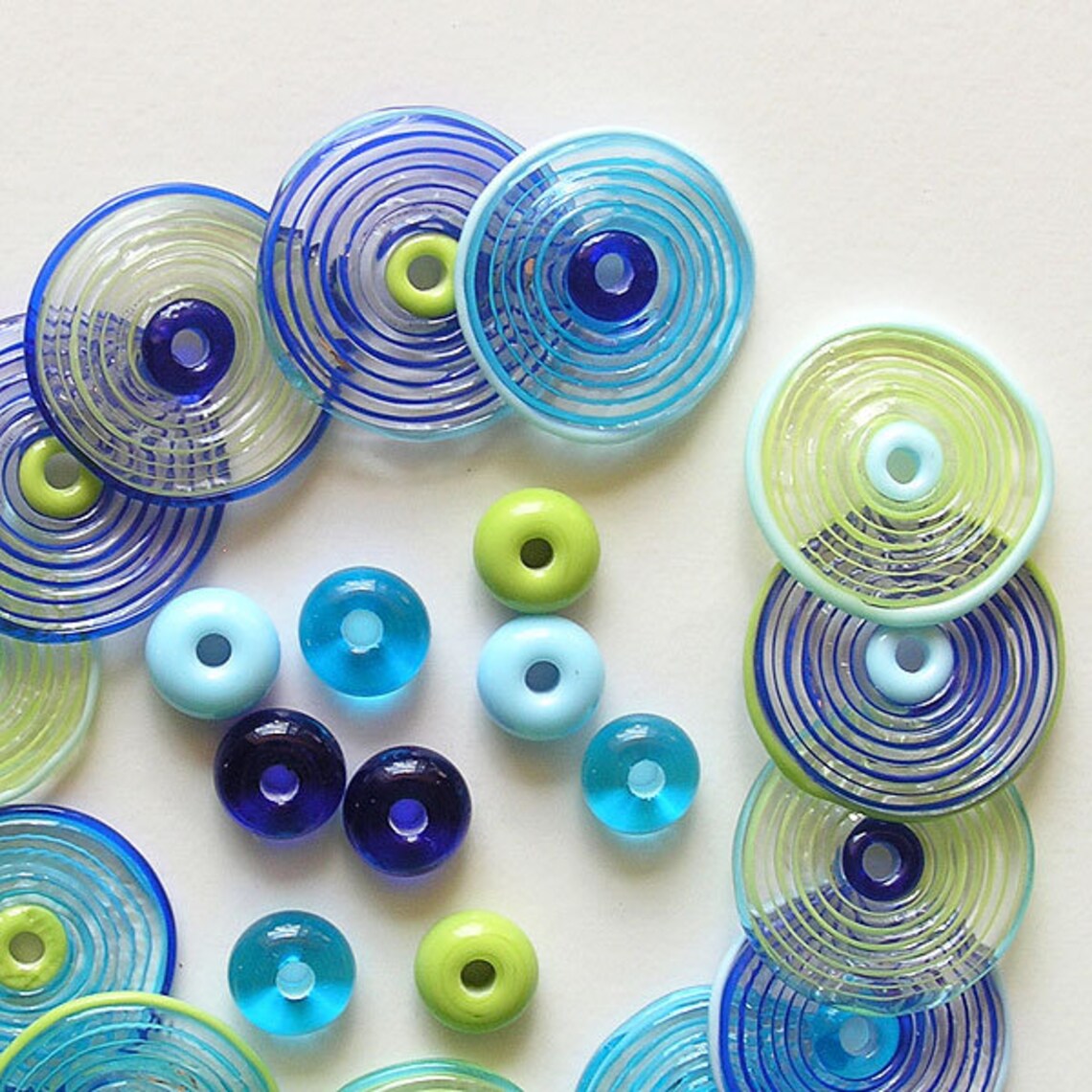 Lampwork Glass Disc Beads, FREE SHIPPING, Handmade Spiral Pea Green ...