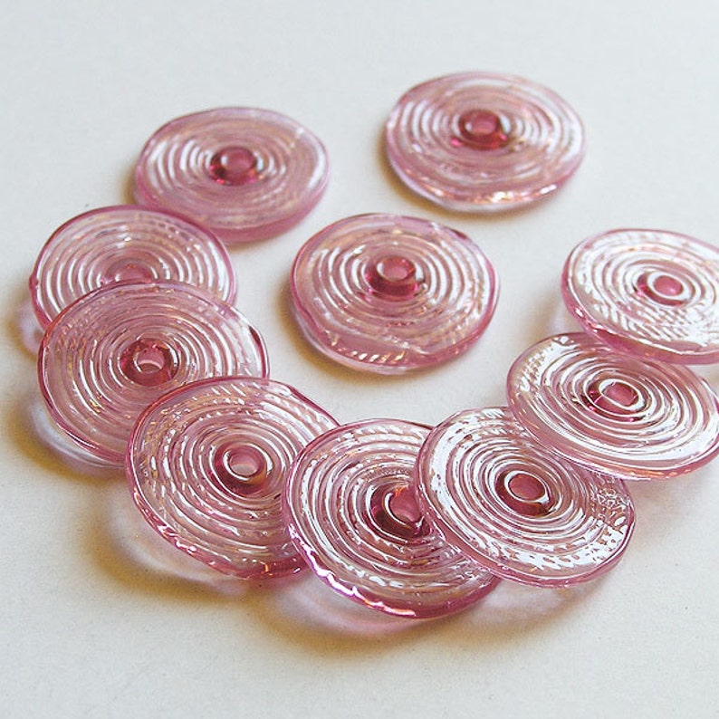 Pink Lampwork Glass Disc Beads, FREE SHIPPING, Handmade Lampwork Spiral ...