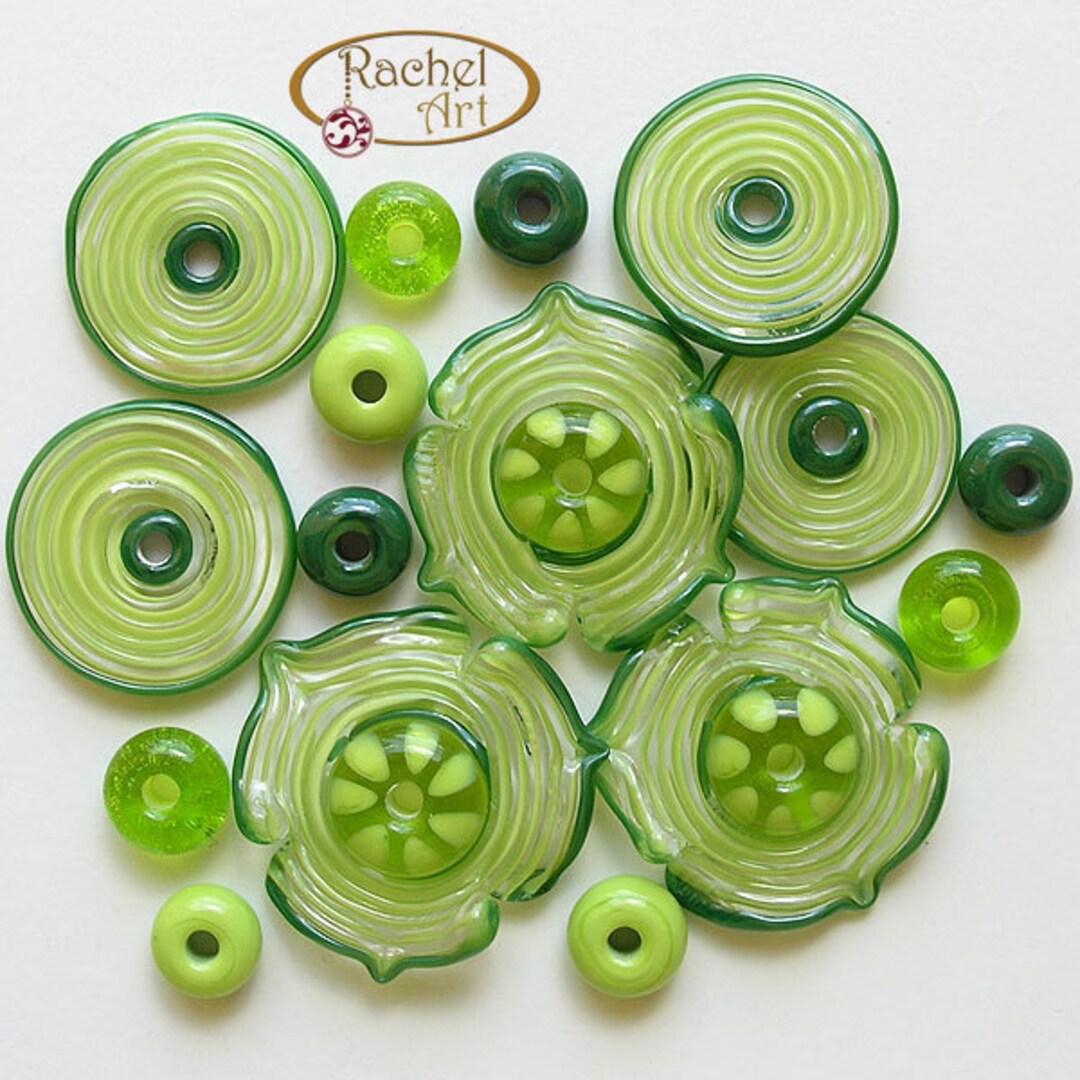 Lampwork Glass Green Beads, FREE SHIPPING, Handmade Flower Disc Beads ...