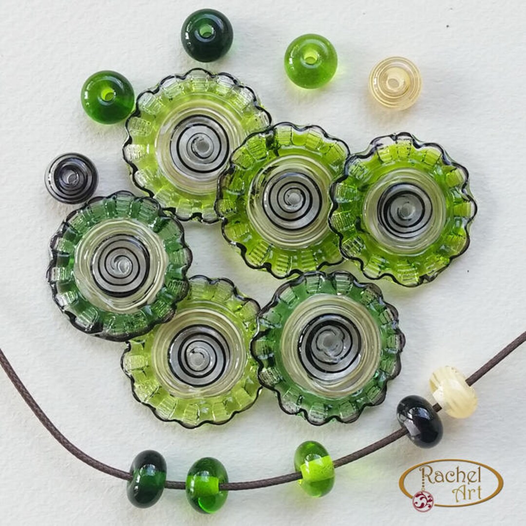 Lampwork Glass Green Disc Beads, FREE SHIPPING, Handmade Disc and ...