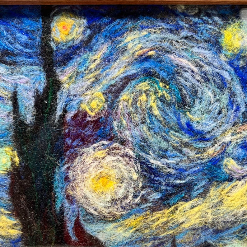 Needle Felted Starry Night Painting: Handmade Wool Art in Wood Frame - Etsy