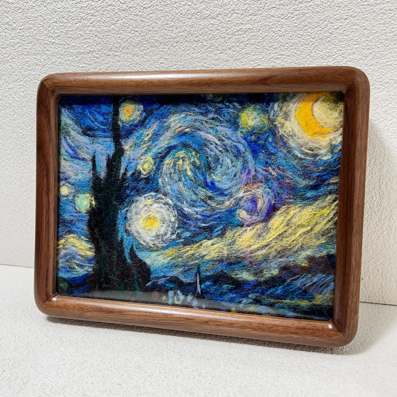 Needle Felted Starry Night Painting: Handmade Wool Art in Wood Frame - Etsy