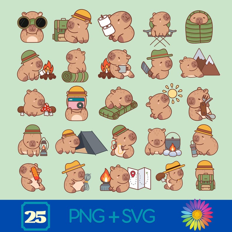 25 Cute Capybaras Camping| Instant Digital Download | SVG PNG Files ...