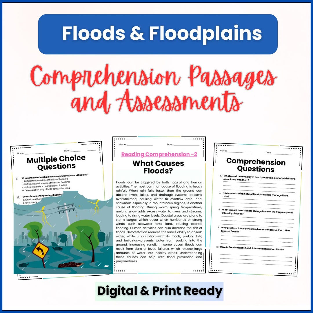 Floods and Floodplains - Reading Passages With Multiple Assessments - Etsy