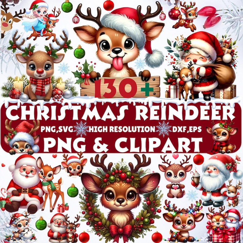 Christmas Reindeer & Santa Clipart Bundle | Holiday Pngs | Festive ...