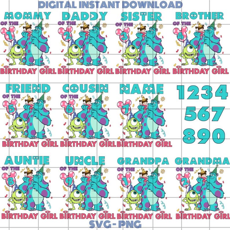 Monster Family Birthday Gril Svg Bundle, Cute Cartoon Movie Birthday ...