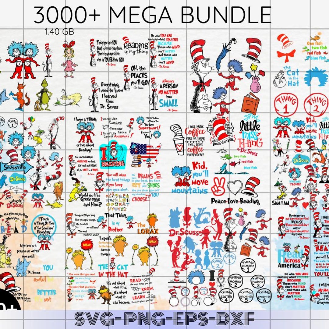3000+ Pcs Dr Seuss Mega Svg Bundle, Dr Seuss SVG Digital File, Thing 1 ...