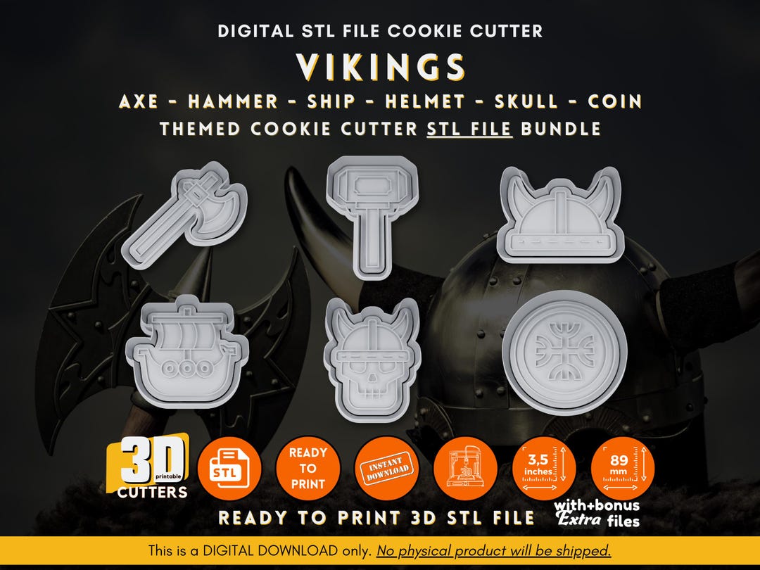 Viking Cookie Cutter STL Files, 3D Printable Viking Axe, Hammer, Ship ...