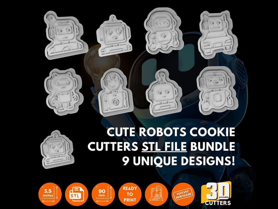 Cute Robots Cookie Cutter Stl, Robot Face Stamp Set, Birthday Cookie ...