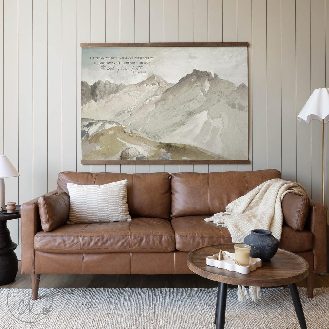 Watercolor Mountain Artwork Psalm 121 | Extra Large Canvas Tapestry Landscape | Neutral ...