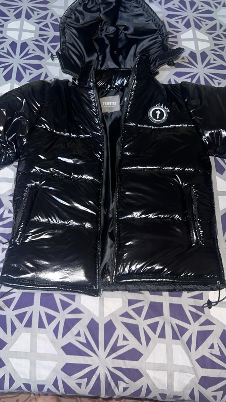 Men's Shiny Black Puffer Jacket Detachable Hood Winter Streetwear Coat ...